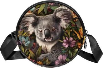 Generic Sac &agrave; bandouli&egrave;re rond rond pour femme, petit sac &agrave; bandouli&egrave;re motif koala tropical, avec fermeture &eacute;clair, bretelles r&eacute;glables, style d&eacute;contract&eacute;