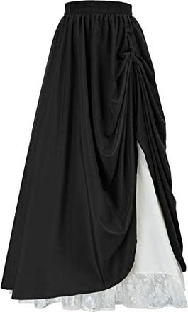 Generic Jupe médiévale pour femme - Double couche - Jupe mi-longue Renaissance - Taille élastique - Jupe traditionnelle midi avec volants - Jupe trapèze victo
