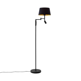 QAZQA Retro Schwarze Stehlampe mit schwarzem Schirm und verstellbarer Leselampe - Ladas I Wohnzimmer I Schlafzimmer - Stahl Länglich - LED geeignet E27