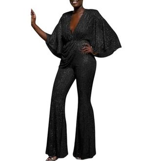 Generic Combinaison &eacute;tincelante pour femme - Combinaison de soir&eacute;e &eacute;l&eacute;gante &agrave; paillettes - Coupe ample - Manches &eacute;vas&eacute;es - Combinaison de danse classique &agrave; pa