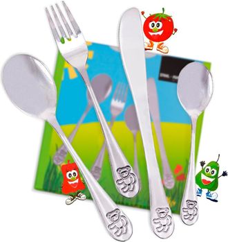 Steel-function Kinderbesteck Set 4 Teilig | Kinderbesteck Edelstahl zur Entwicklung feinmotorischer Essfertigkeiten | Kinder Besteckset mit Teddyb&auml;r-Motiv | Kinder B