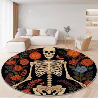 Generic Tapis Rond Diam&egrave;tre 140 cm, imprim&eacute; R&eacute;tro Gothique Cr&acirc;ne Fleurs, Tapis de Sol D&eacute;coration Antid&eacute;rapant pour Salon Chambre Cuisine Salle &agrave; Manger Int&eacute;ri