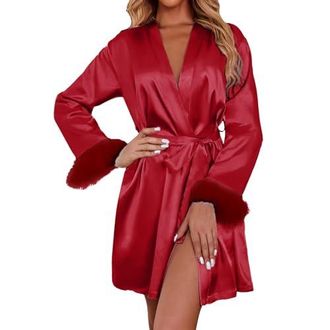 Generic Robe de nuit pour femme avec plumes - Maquillage de mariage, demoiselle dhonneur, groupe de mariage, Rouge, XXL