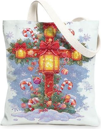 Generic Sacs fourre-tout en toile motif lanterne de No&euml;l, sacs d&eacute;picerie r&eacute;utilisables, vintage, l&eacute;gers, lavables, blanc, 13x15 Inch