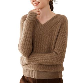 Dissa Pull Cachemire Femme Marron fonc&eacute; Col V Torsade Tricot&eacute; en Vrac Manches Longues &eacute;pais Pull en Cachemire et Laine,EU 36,SH528