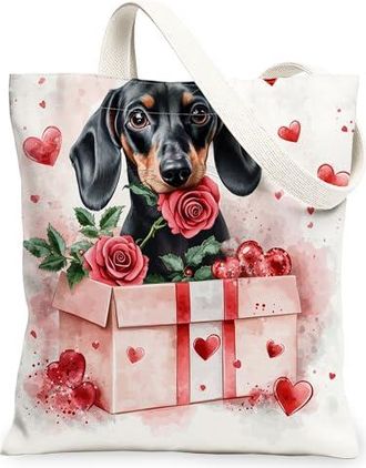 Generic Sac fourre-tout en toile motif teckel pour le shopping, 33 x 38 cm, cadeau amusant pour la Saint-Valentin, sac d&eacute;picerie r&eacute;utilisable pour femme, moti