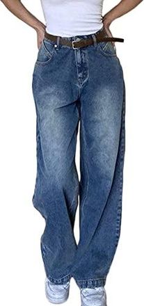 ORANDESIGNE F Bleu Femme Y2K Jeans Taille Haute Jeans à Jambe Large Taille Basse Imprimé Vintage Baggy Hose Pantalon en Denim Droit Slim Flare Jean E-Girl Streetw