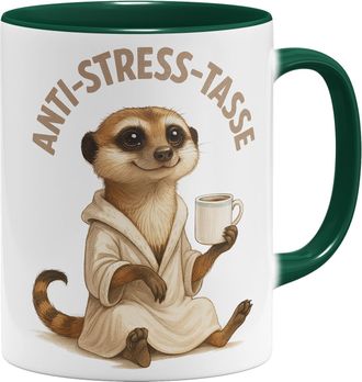 OM3 Erdm&auml;nnchen Anti-Stress Kaffee-Tasse - Lustige Meerkat Keramiktasse mit Tier-Motiv - Keramik Becher - 325ml - Beidseitig Bedruckt - Gr&uuml;n
