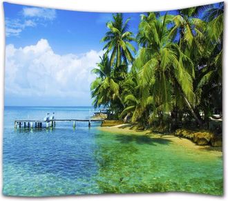 A.Monamour Wandteppiche Holz Pier Blau Ozean Meer Tropen Insel Palmen Strand Landschaft Natur Landschaft Druck Stoff Wandteppich Wandbeh&auml;nge Wandbild F&uuml;r Schlafz