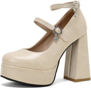 Generic Escarpins Mary Jane Plateforme Femme Boucle Coeur Sangle Cheville Talons Épais Bout Rond Cuir Artificiel Chaussures Fête Soirée Robe,Beige,38.5 EU