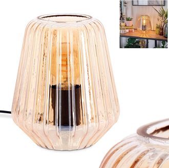HOFSTEIN Tischleuchte Telhais, Tischlampe aus Metall/Glas in Schwarz/Bernsteinfarben, Leuchte im modernen Vintage/Retro-Design mit Schirm aus Glas (Ø 17cm) u. 
