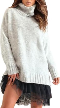Generic Ensemble mini robe pull &agrave; col roul&eacute; avec robe en dentelle pour femme, haut surdimensionn&eacute; en tricot 2 pi&egrave;ces et jupe superpos&eacute;e, gris, XXL