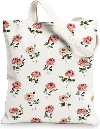 Generic Sacs fourre-tout en toile florale, sacs à provisions réutilisables, vintage chic, léger et lavable avec bandoulière, blanc, 13x15 Inch