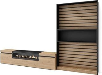 Skraut Home Wohnzimmerm&ouml;bel f&uuml;r TV | Esstisch-Set | 210 x 186 x 35 cm | f&uuml;r Fernseher bis 80 Zoll | elektrischer Kamin | moderner Stil | Eiche und Schwarz