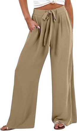 Generic Pantalon large pour femme avec taille réglable et poches amples décontractées avec noeud à nouer, 2026, kaki, 3XL