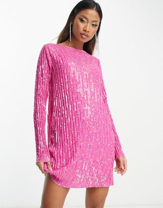 Asos Robe courte droite pliss&eacute;e &agrave; manches longues et sequins - Rose-Sans opinion