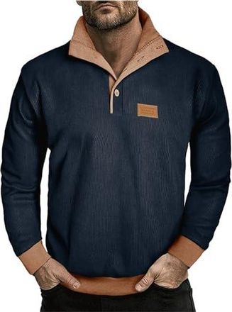 Generic Pull en velours côtelé pour homme - Col en V - Manches longues - Col montant - Pull dhiver chaud en velours côtelé, noir foncé, S