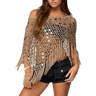 Generic Poncho à franges en crochet à paillettes, haut de cape en crochet pour femme, léger, en maille tricotée, manches chauve-souris, couverture de plage, k