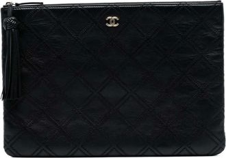 Chanel 2016-2017 Large Quilted Lambskin Double Stitch Tassel O Case clutch bag - Noir