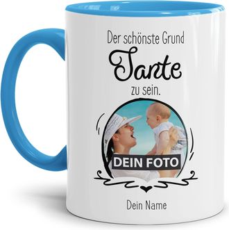 Tassendruck Tasse mit Spruch - Der schönste Grund Tante zu sein - Personalisierbare Keramiktasse mit Namen und Foto - Geschenk Tante - Innen & Henkel Hellblau, 30