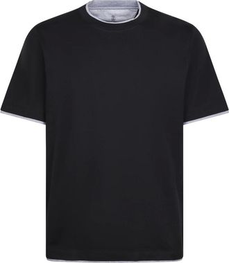 Brunello Cucinelli Homme, Tops, Noir, Taille: 2XL T-shirt &agrave; col rond avec effet de superposition