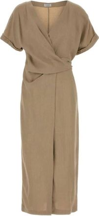Brunello Cucinelli Femme, Robes, Beige, Taille: 42 FR Asymmetrical Wrap Midi Dress
