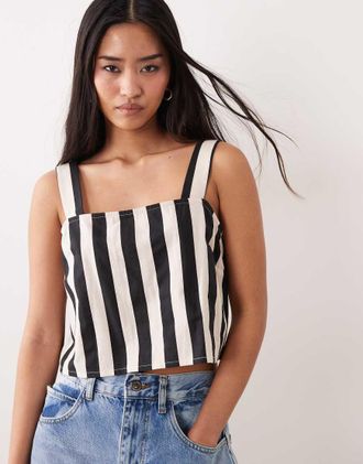 Nobody's Child Penrith - Caraco densemble en lin m&eacute;lang&eacute; boutonn&eacute; dans le dos - Noir ray&eacute;