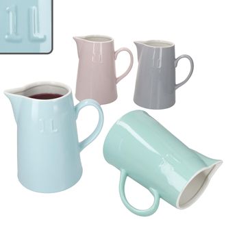 MamboCat Emilia 4er Set Krug 1L I Steingut Kannen in Pastell Mint, Rosa, Hellblau & Grau mit Cremewei&szlig; I ideal f&uuml;r Wasser, Saft, Milch & Limo I Fr&uuml;hst&uuml;ck, Brun