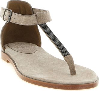Brunello Cucinelli Precious T-Strap Suede Sandals - Beige