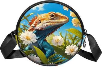 Generic Petit sac &agrave; bandouli&egrave;re circulaire pour femme, motif l&eacute;zard fleur, sac &agrave; dos &agrave; bandouli&egrave;re avec fermeture &eacute;clair, bretelles r&eacute;glables, sac &agrave; main rond
