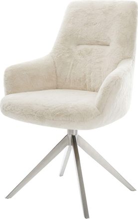 DELIFE Esszimmerstuhl Zelia-Flex mit Armlehnen Kreuzgestell breit Edelstahl Pl&uuml;sch Creme-Wei&szlig; 360&deg; drehbar Wippfunktion Taschenfederkern