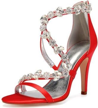 Generic Chaussures De Mariage Femme Talon Aiguille Sandales Chic Satin Mari&eacute;e Dress F&ecirc;te Open Toe Chaussure Escarpin 10.5Cm,Rouge,36 EU