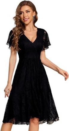 Ever-pretty Robe Invitée Mariage Midi Dentelle Col V Maches Courtes Noir 46