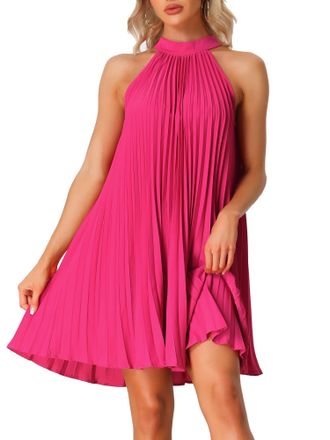 Allegra K Damen Neckholder Kleid &Auml;rmellos L&auml;ssiges Sommer Einfarbig Flowy Plissee Strandkleid Pink XL