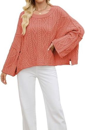 Generic Pull court surdimensionn&eacute; &agrave; col ras du cou en tricot torsad&eacute; avec longues manches &eacute;vas&eacute;es pour lautomne et lhiver - Pull d&eacute;contract&eacute; et doux pour femm