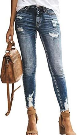 ORANDESIGNE Femme Jeans Déchiré Push Up Skinny Slim Fit Stretch Boyfriend Denim Pantalon Jeggings Troué Pantalons Casual Rétro Pants I Bleu Foncé S