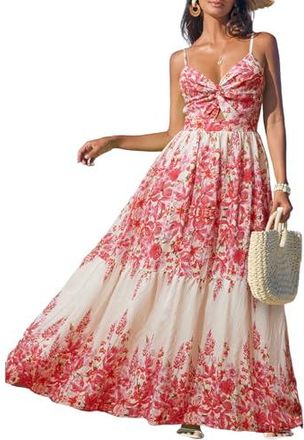 Cupshe Cupshe Robe longue d&eacute;t&eacute; d&eacute;contract&eacute;e pour femme, imprim&eacute; floral, col en V torsad&eacute;, sans manches, Rouge/beige, Taille M