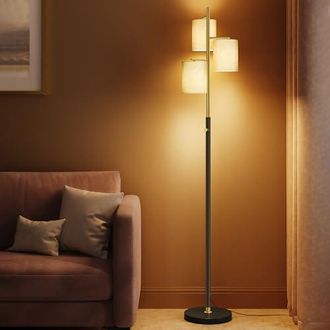 Vasagle Lampadaire sur Pied Salon, Lampe sur Pied, avec 3 Ampoules, Intensit&eacute; R&eacute;glable, Abat-Jour en Tissu, Style Moderne, 3 Douilles E27, Dor&eacute; et Noir LFL003