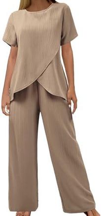 Generic Ensemble deux pi&egrave;ces pour femme - Col rond - Chemise crois&eacute;e - Pantalon large - Tenue d&eacute;t&eacute; - Vacances essentielles, kaki, XL