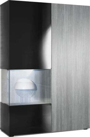 Vladon Vitrine Kommode Hochschrank Morena, Made in Germany, Korpus in Schwarz matt/Rechte T&uuml;r und der Einsatz in Avola-Anthrazit, inkl. LED Beleuchtung