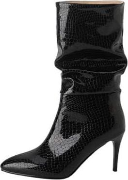Generic Bottes Mi-Mollet pour Femme Effet Plissé Motif Crocodile Brillant Bout Pointu Talons Aiguilles Hauts À Enfiler Dessus Cuir Verni Chaussures Habillées,