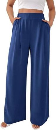 Generic Pantalon en tissu pour femme, &eacute;l&eacute;gant et d&eacute;contract&eacute;, pantalon palazzo, taille haute, pantalon de loisirs avec poches, tricot gaufr&eacute;, pantalon d&eacute;t&eacute; S-