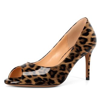 elashe Peep Toes Damen Pumps Stiletto High Heels Slip On Hoher Schuhe Open Toe Elegante und Bequeme für Party Lack Leopard EU41