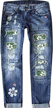 Onsoyours Jeans Femme Casual Imprimé Tournesol Jean Boyfriend Jambe Droite Jean Taille Haute Pantalon Bleu Jean Léopard Floral Patchwork Jean E Bleu02 L