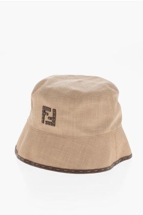 Fendi Raffia Effect Bucket Hat with Leather Details size L