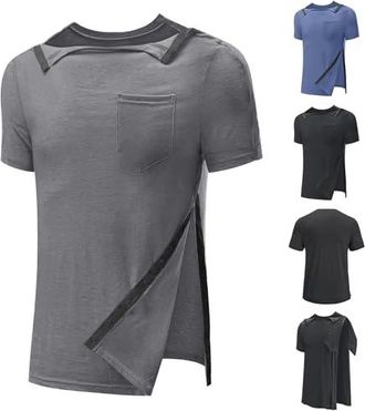 Generic Chemise chirurgicale à manches courtes pour homme - Ouverture latérale ouverte - Accès au port chimio, gris, M