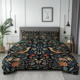 Generic Bettbezug Tiere Vögel Blumen Aufdruck Gebürstet Microfaser mit 1 kopfkissenbezug, Jungen Teens Erwachsene Bettwäsche Set, Dunkelgrün Weich Haltbar Atm