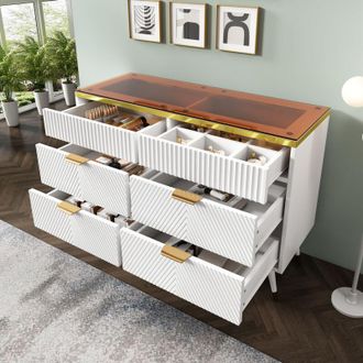 STILVORA Commode Buffet avec 6 Tiroirs et S&eacute;parateurs Amovibles, Syst&egrave;me Push, Anti-Basculement, Verre, 120&times;40&times;76 cm, Blanc