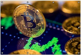 Wallario Outdoor-Poster f&uuml;r Garten oder Balkon Bitcoin im Marktgeschehen, Motivbanner Gr&ouml;&szlig;e: ca. 100 x 150 cm, Outdoor-Bild