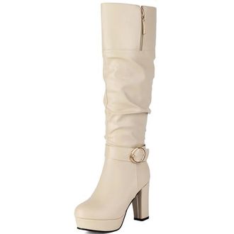 SJJH Bottes hautes avec boucle en m&eacute;tal | Bottes pour femme pour toutes les saisons, talon de 9,5 cm, manchette pliable, doublure douillette, beige, 33 EU